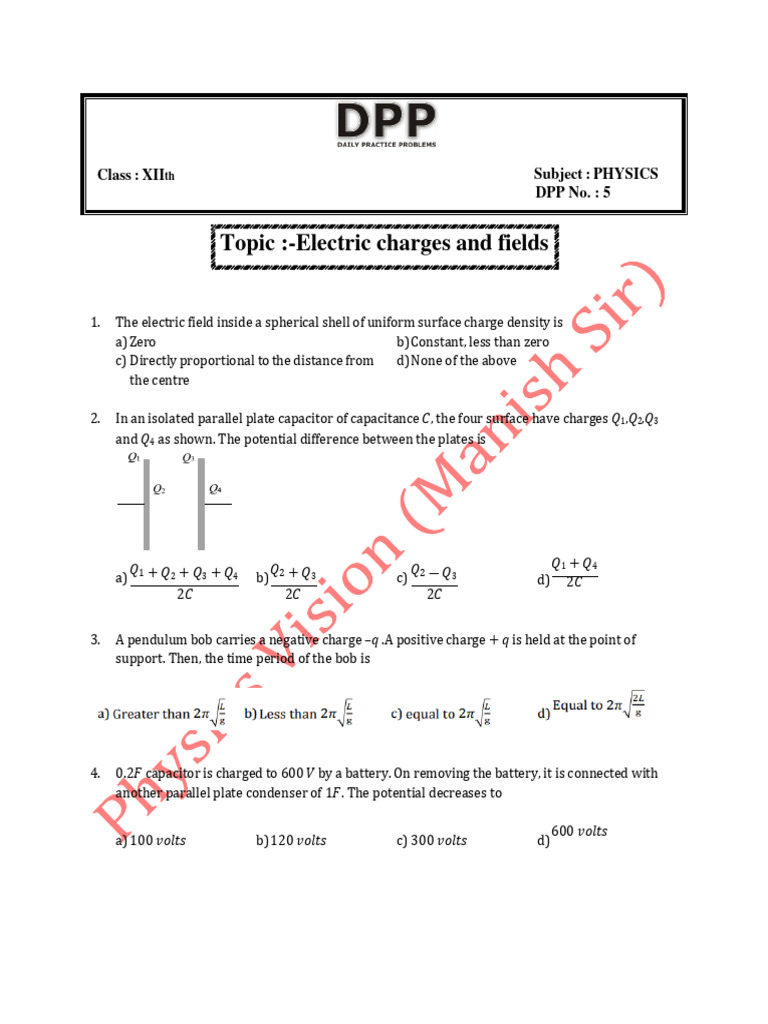 Electric Charge and Fields Dpp5 | PDF | Capacitor | Capacitance