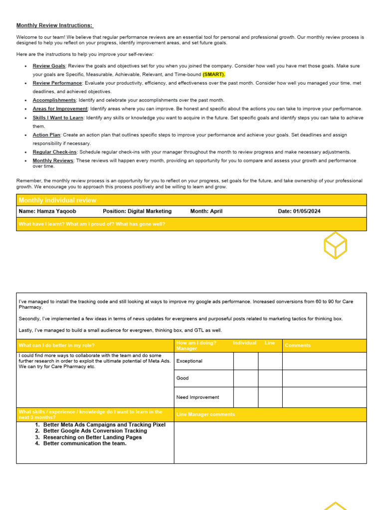 Monthly Review Form | PDF | Career & Growth | Business