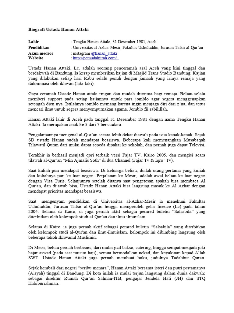 Biografi Ustadz Hanan Attaki | PDF