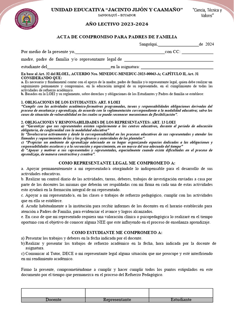 ACTA COMPROMISO PADRES 2023-2024 | PDF | Maestros | Enseñando