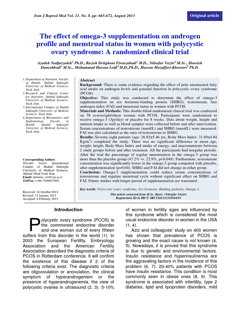 The Effect of Omega-3 Supplementation On Androgen Profile and Menstrual Status in Women With ...