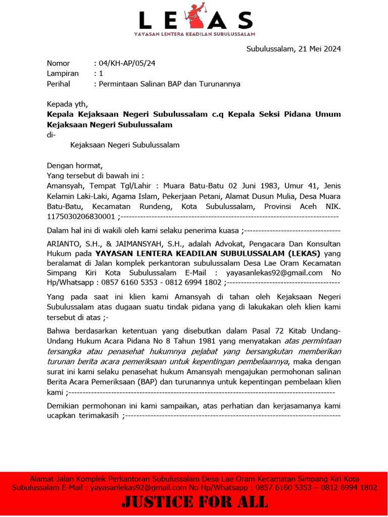 Surat Permintaan Turunan Bap Jaksa | PDF