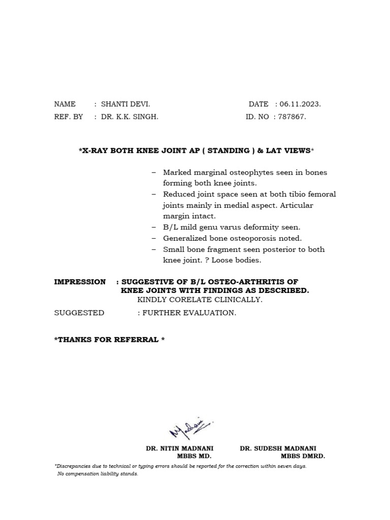 Knee Osteoarthritis X-Ray Report | PDF
