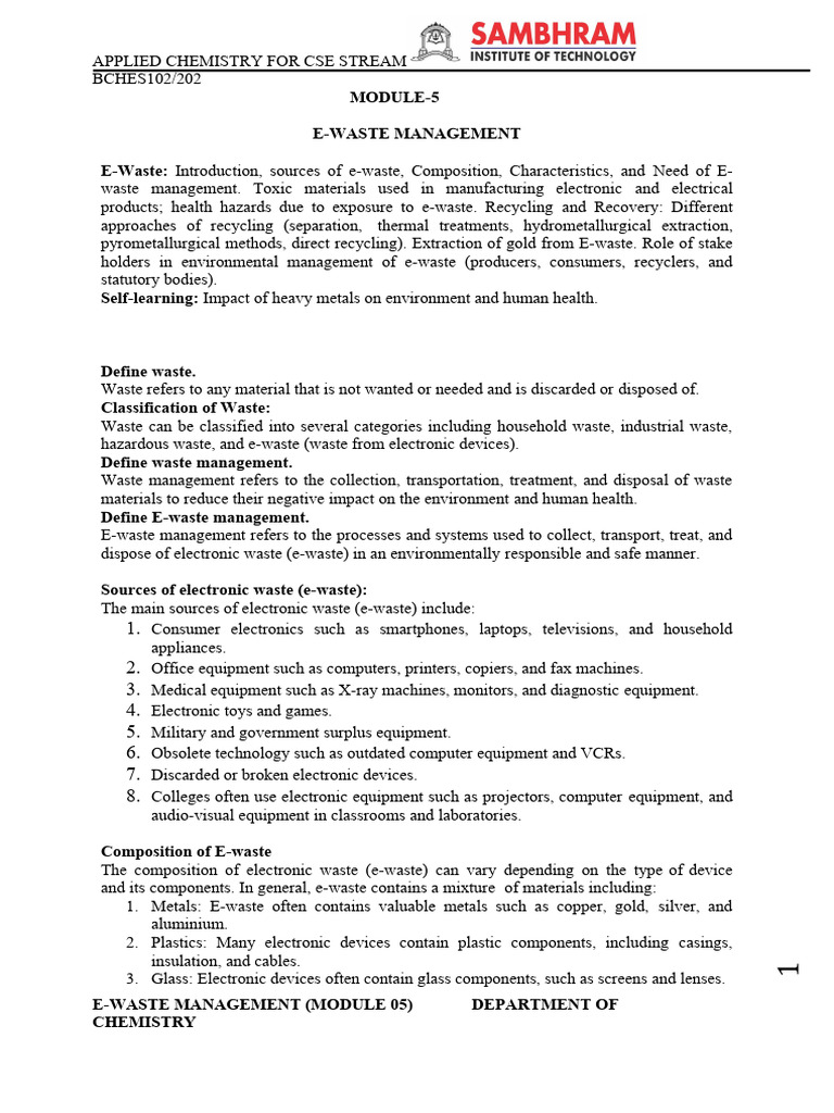 Notes_Module 5-E-Waste Management | PDF | Electronic Waste | Waste