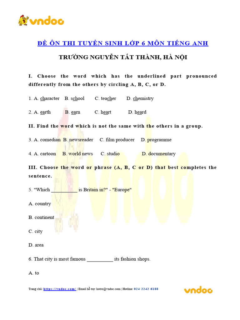 De Thi Thu Tieng Anh Vao Lop 6 Truong Nguyen Tat Thanh Ha Noi Nam 2020 | PDF