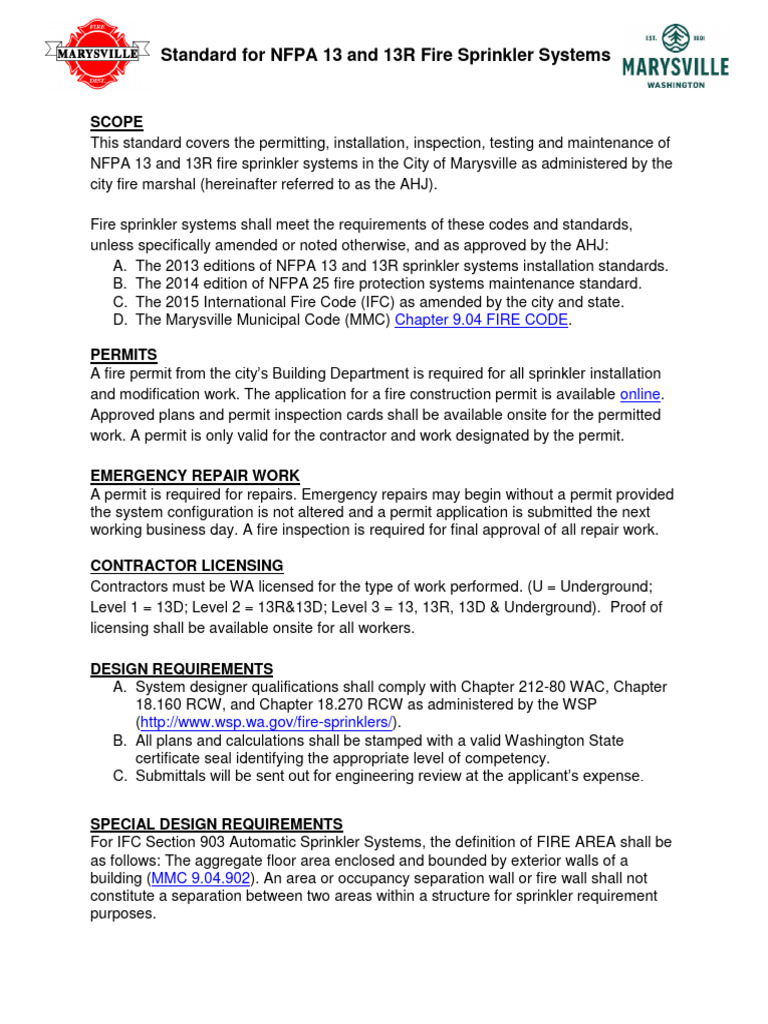 MFD NFPA 13 and 13R Sprinkler Requirements | Download Free PDF | Fire Sprinkler System ...