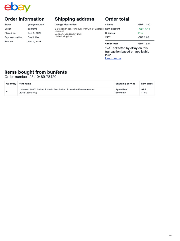 eBay Order Summary for George Mouravi | PDF
