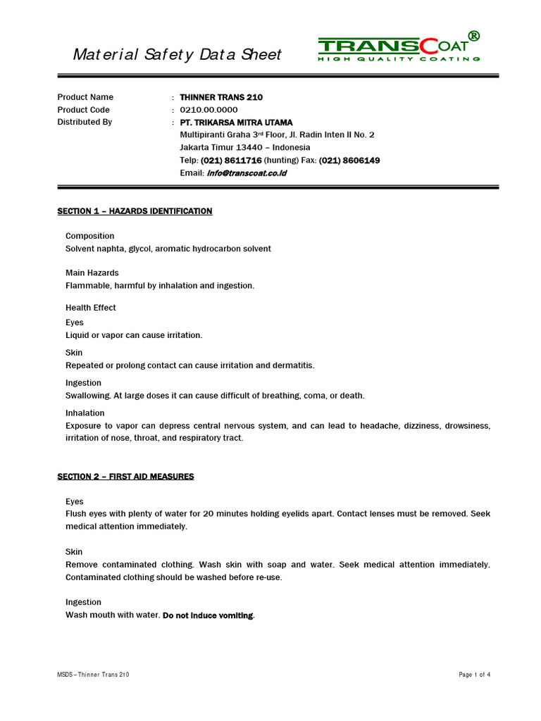 MSDS Thinner Trans 210 | Download Free PDF | Personal Protective Equipment | Water