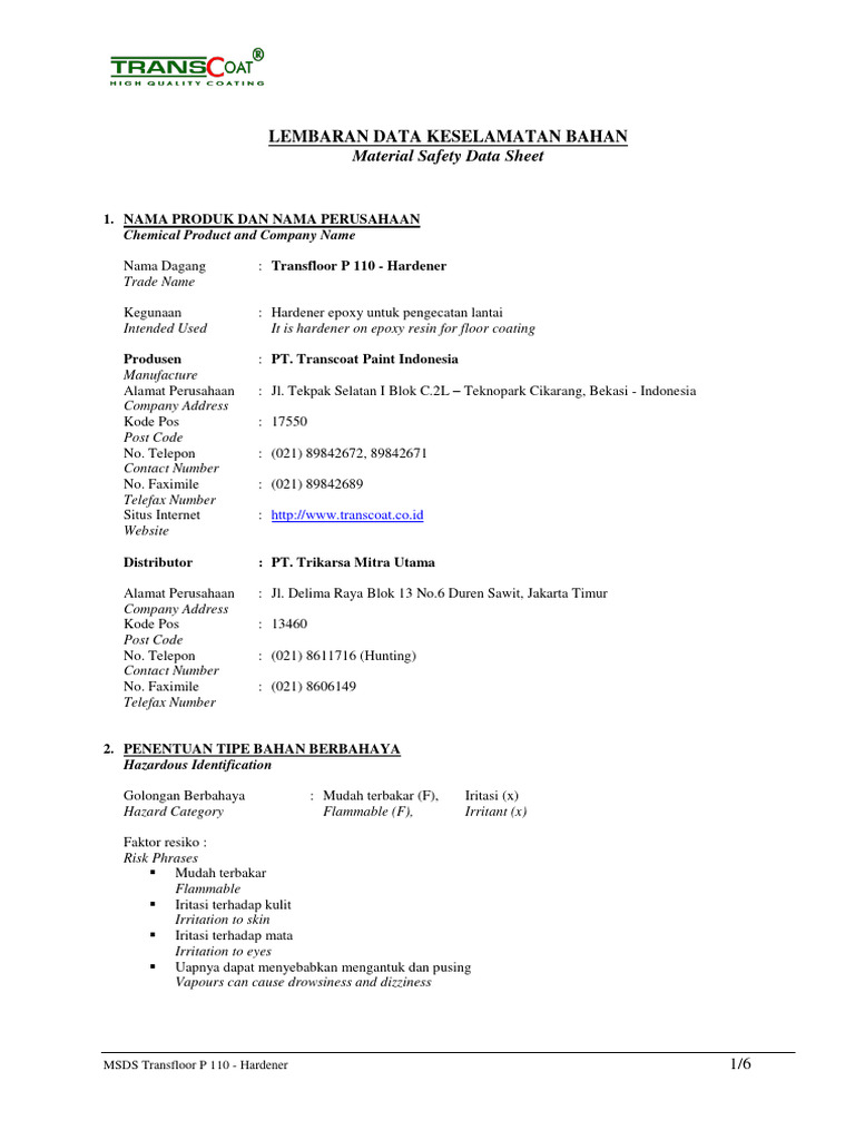 MSDS Transfloor P 110 - Hardener | PDF