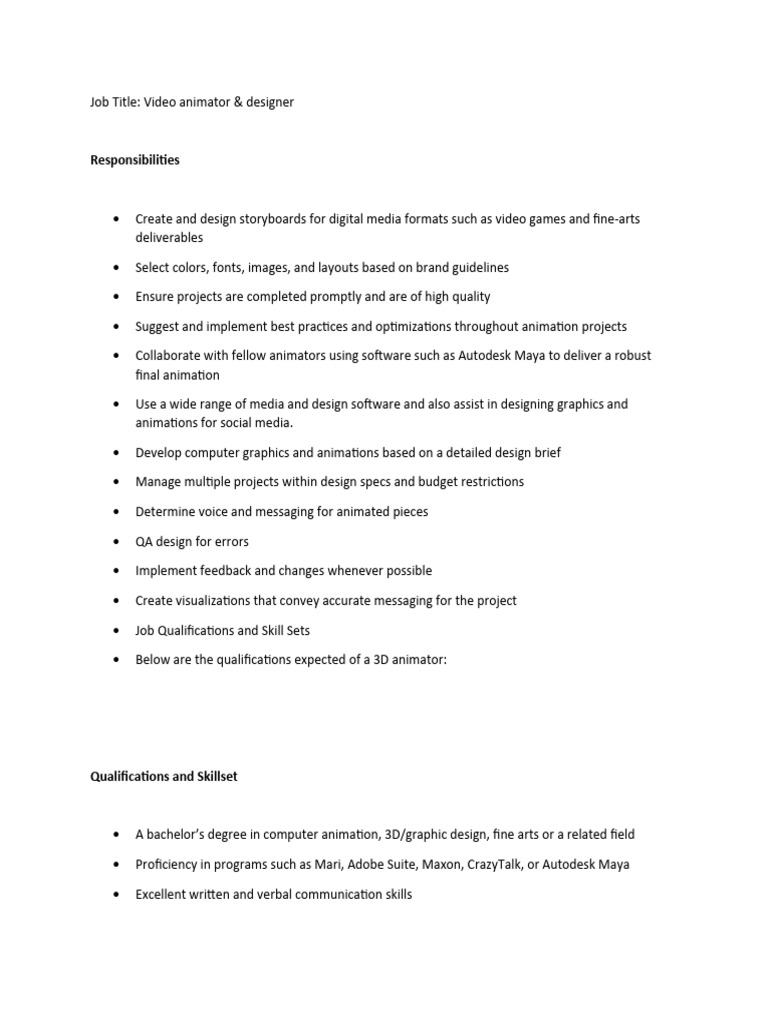 Video Animator & Designer Job Description | PDF
