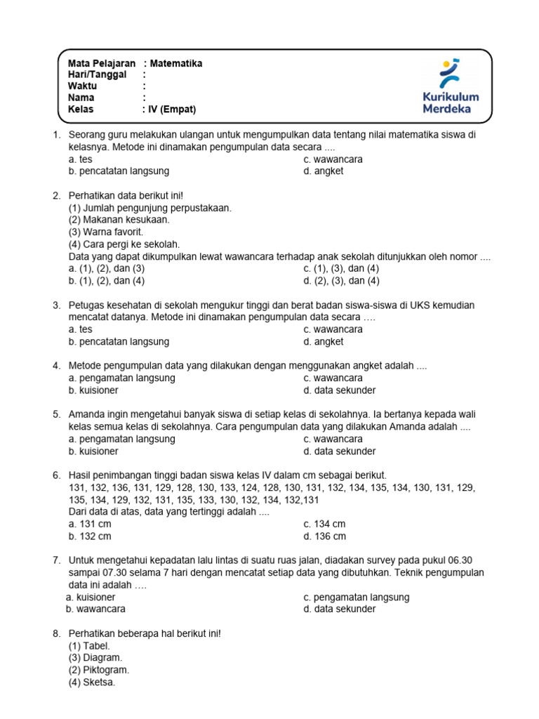 Soal PAT Matematika Kelas 4 Semester 2 Kurikulum Merdeka T.A 2022-2023 | PDF | Olahraga ...