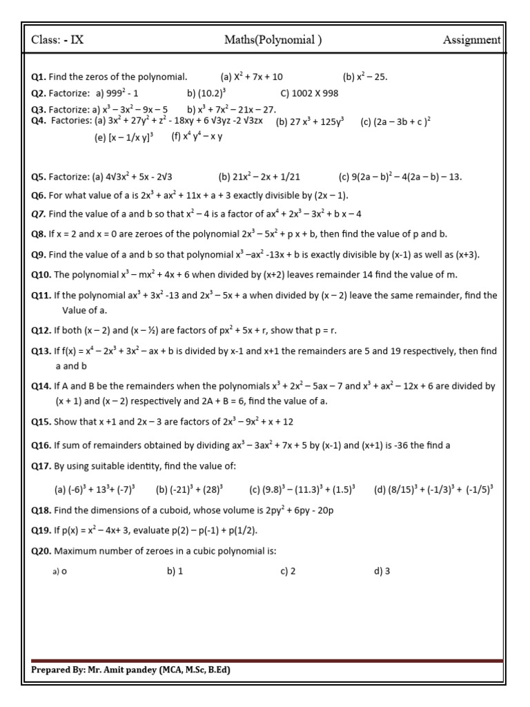 Class 9 Polynomial | PDF Class 9 Polynomial | PDF