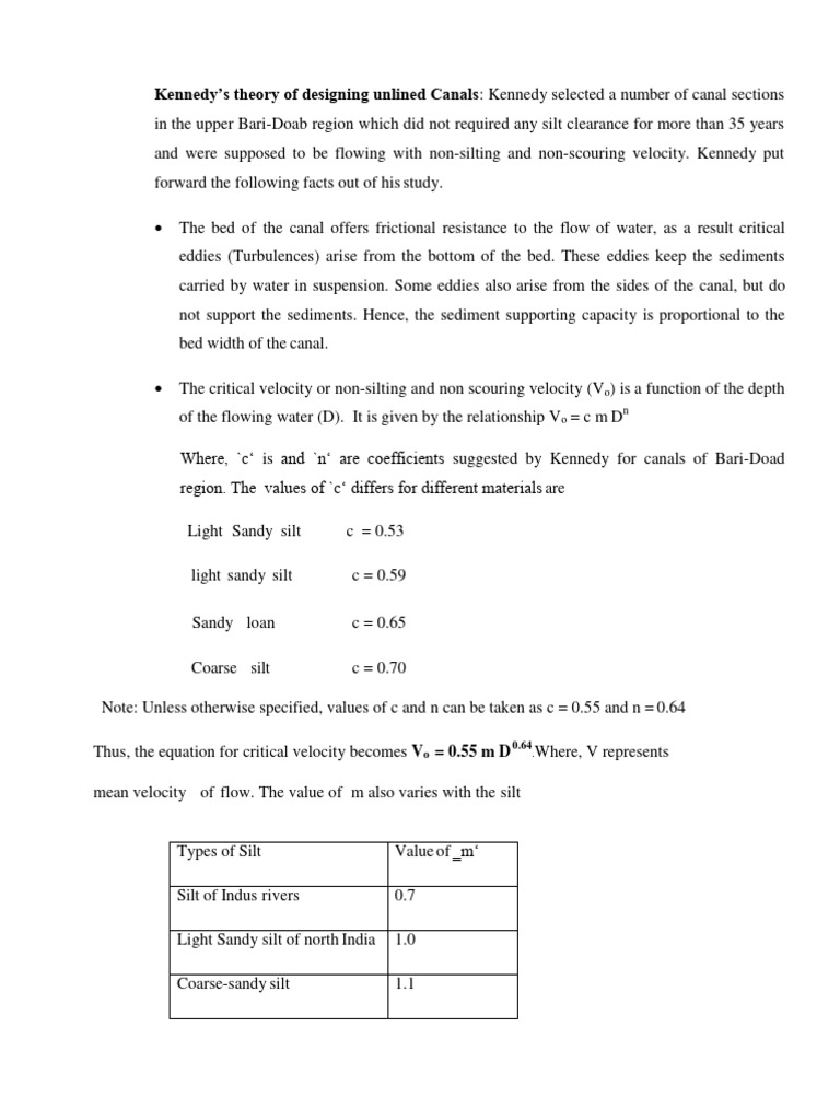 Kennedy's Theory for Unlined Canal Design | PDF | Discharge (Hydrology ...