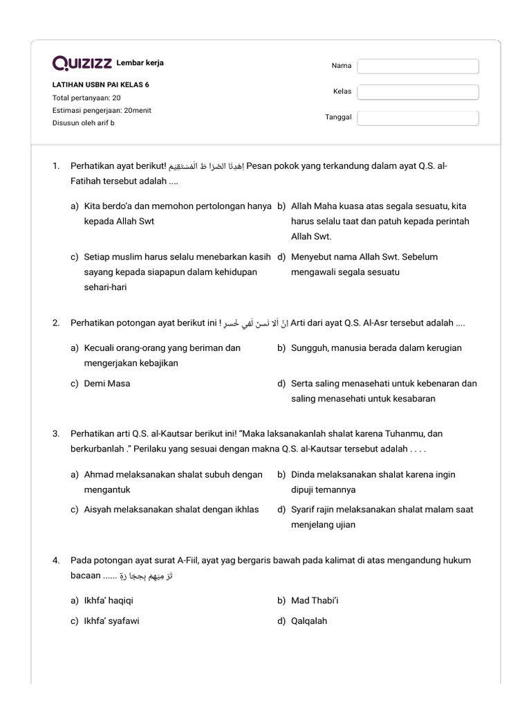 Latihan Usbn Pai Kelas 6 - Quizizz | PDF