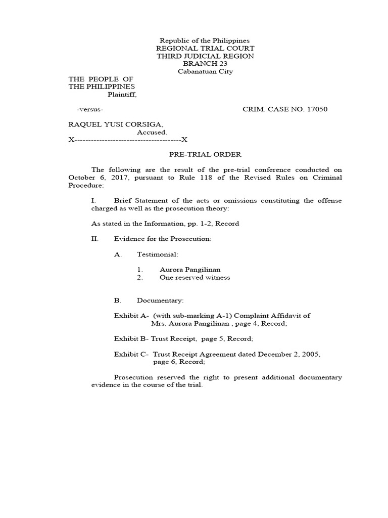 Pre-Trial Order in Criminal Case 17050 | PDF | Prosecutor | Trials