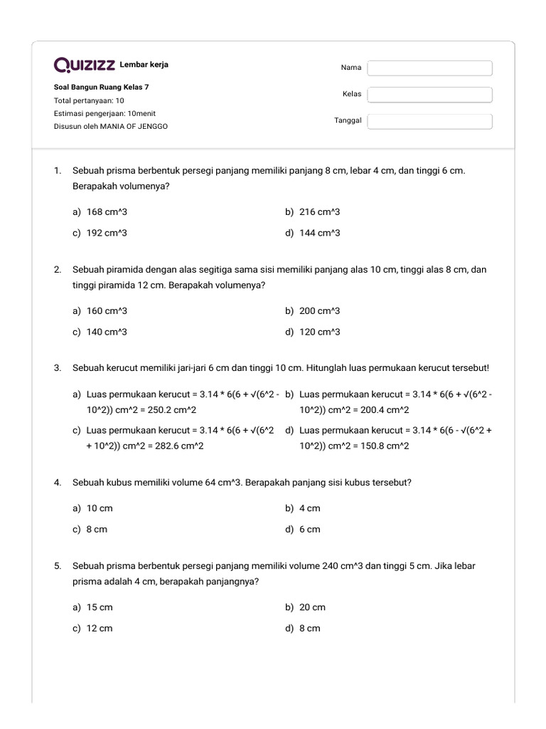 Soal Bangun Ruang Kelas 7 - Quizizz | PDF