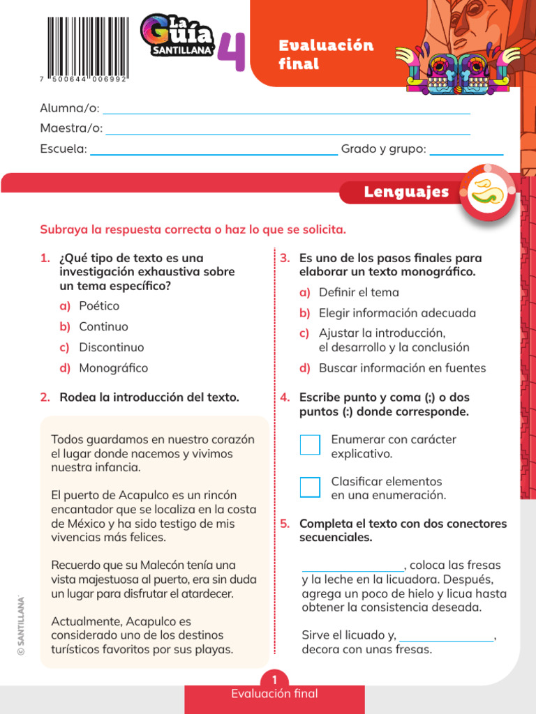 Exámenes Trimestrales Santillana 4° Grado | PDF | Escuelas | Resfriado ...