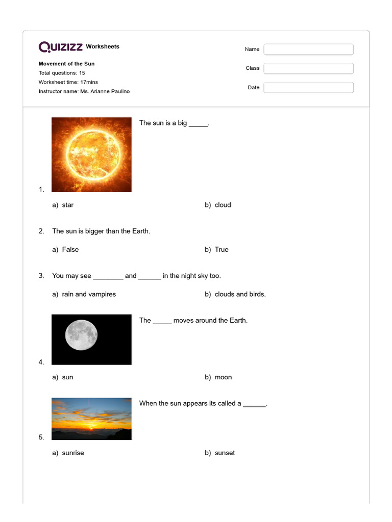 Sun Movement Worksheet for Kids | PDF | Sky | Night Sky