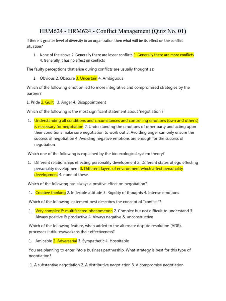 HRM624 - HRM624 - Conflict Management (Quiz No. 01) | PDF | Negotiation ...