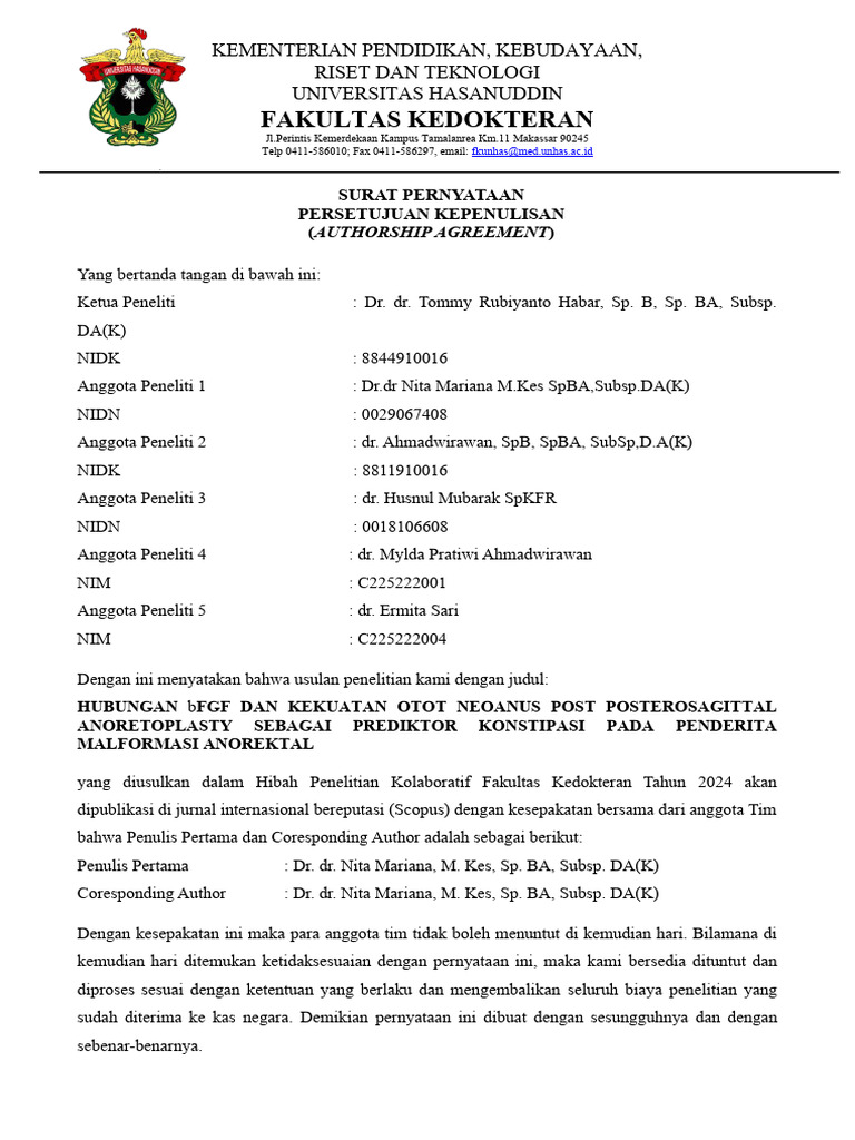 Surat Pernyataan Persetujuan Kepenulisan (Authorship Agreement) | PDF