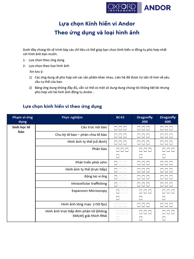 Andor Systems aplications Tech table Comparison | PDF