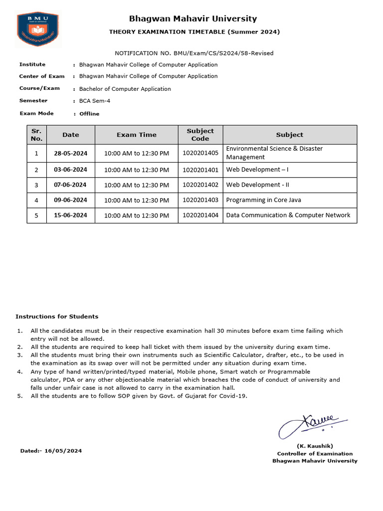 58 - BCA Sem-4 - Theory Examination Time Table (Summer 2024) - Revised | PDF | Information And ...