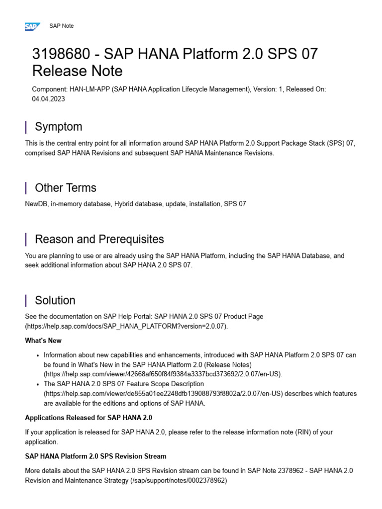 3198680 - SAP HANA Platform 2.0 SPS 07 Release Note | PDF | Application ...