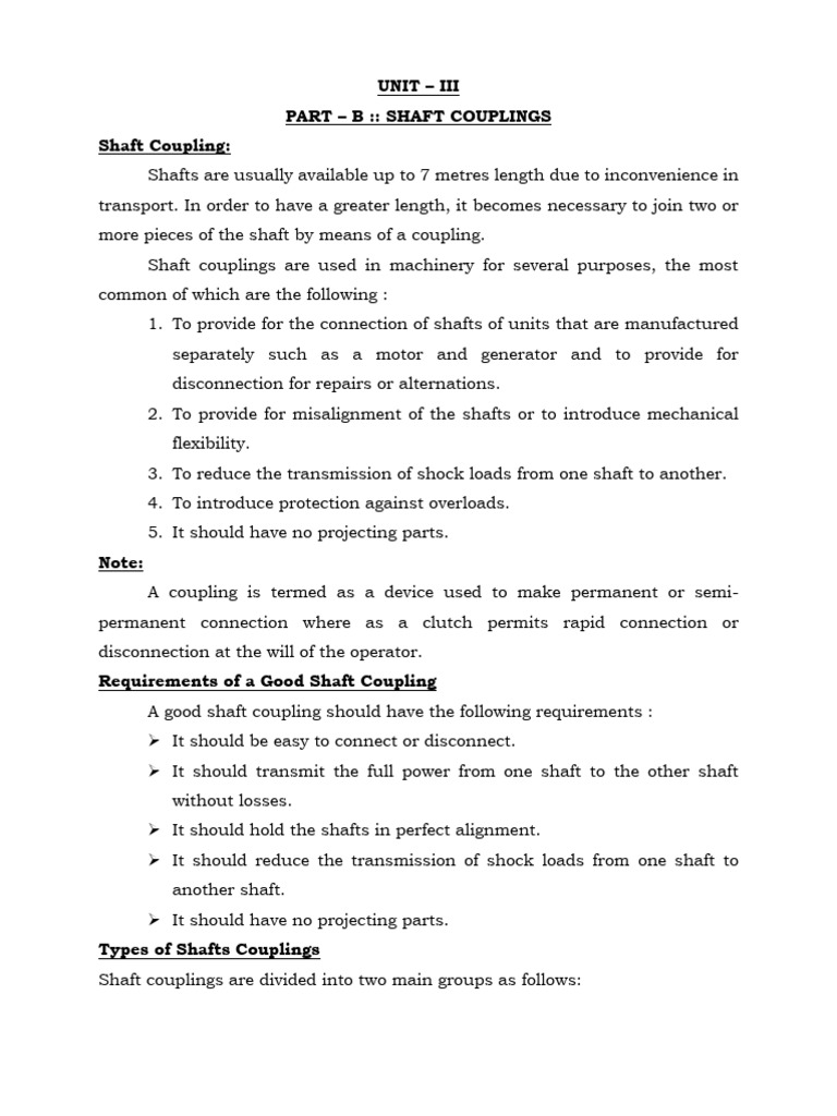 UNIT - III - PART - B - SHAFT COUPLINGS | PDF | Equipment | Mechanics UNIT - III - PART - B - SHAFT COUPLINGS | PDF | Equipment | Mechanics