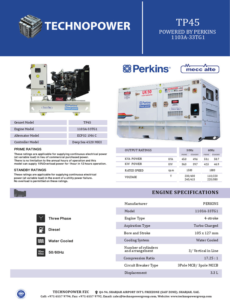 TP45 Perkins Genset Specifications | PDF | Propulsion | Vehicle Technology