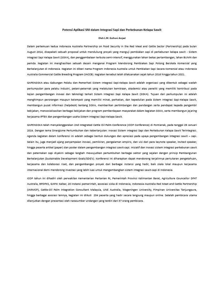 Kinerja Utama Aplikasi SNI Dalam Integrasi Sapi Dan Kebun Kelapa Sawit ...