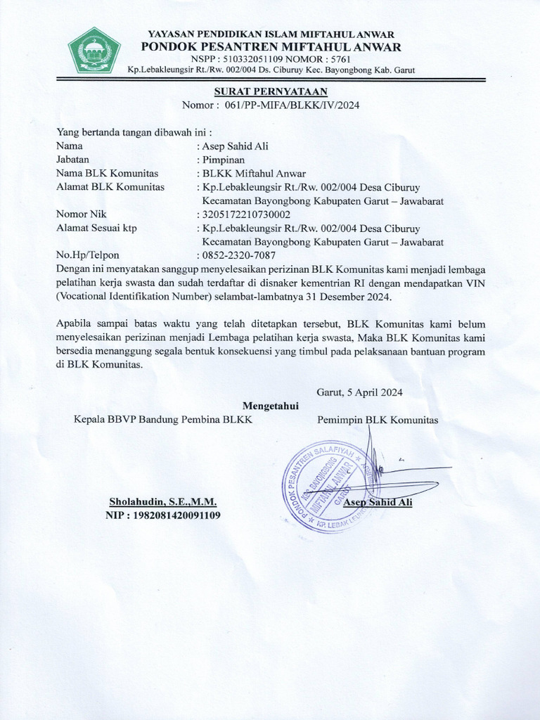 Surat Pernyataan Mifa | PDF