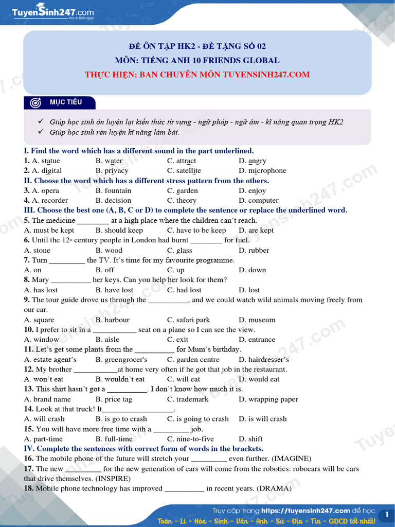 Ôn tập HK2 - Tiếng Anh 10 Friends Global - Đề số 02 | PDF | Young Adult