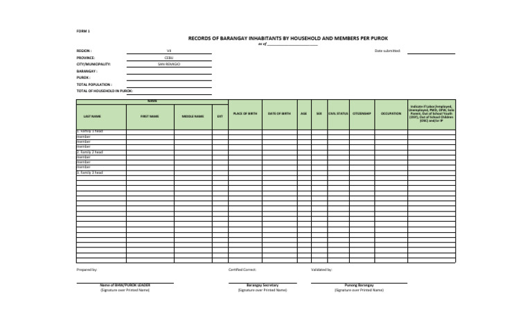 Form 1 List by Household and Members Per Purok 2024 | PDF