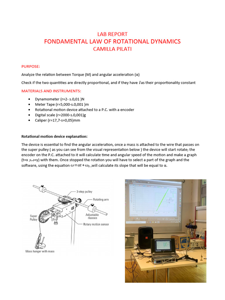 Lab Report Torque Camilla Pilati | PDF | Rotation Around A Fixed Axis | Torque