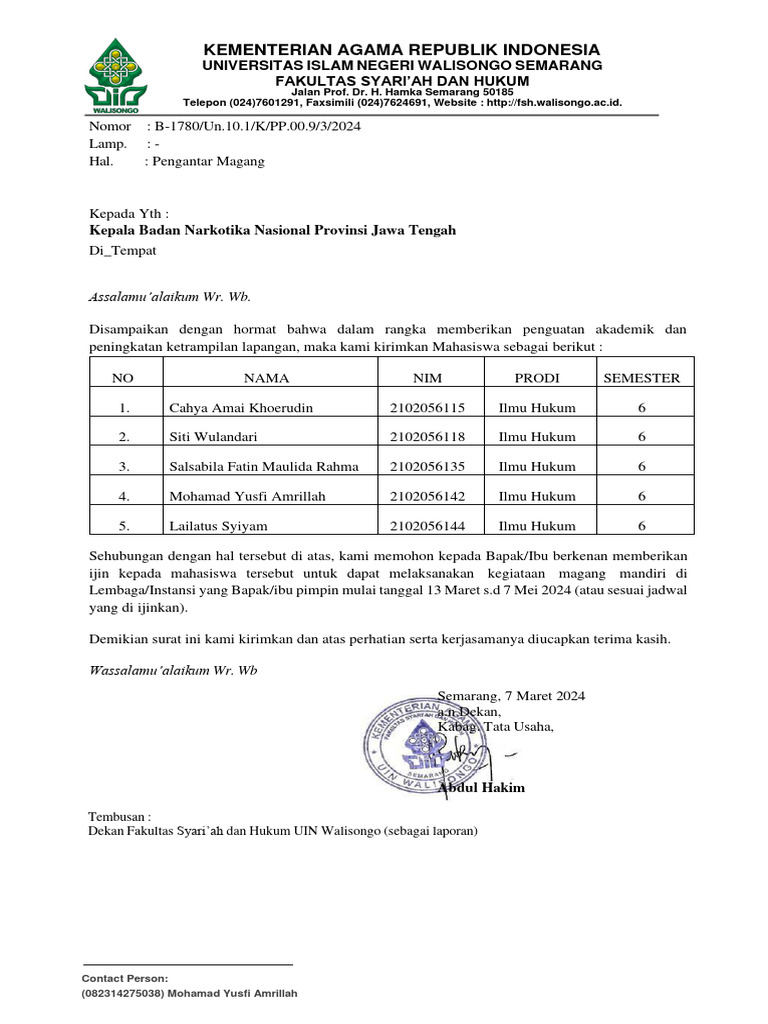Surat Magang UIN Walisongo | PDF