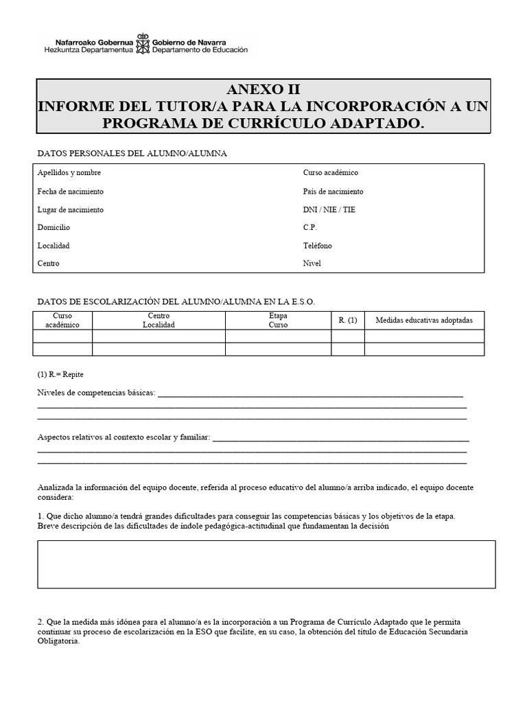 PCA ANEXO II Informe Del Tutor o Tutora | PDF | Plan de estudios
