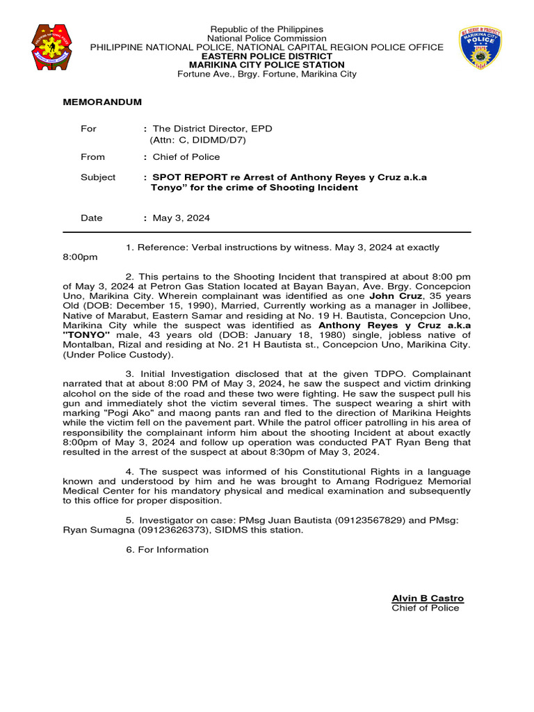 Spot Report: Shooting Incident in Marikina | PDF | Law Enforcement ...