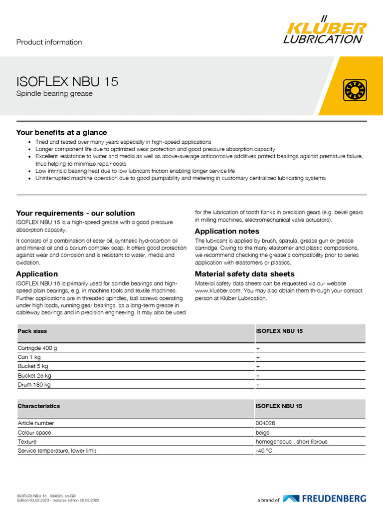ISOFLEX NBU 15 004026 PI GB en | PDF | Bearing (Mechanical) | Lubricant