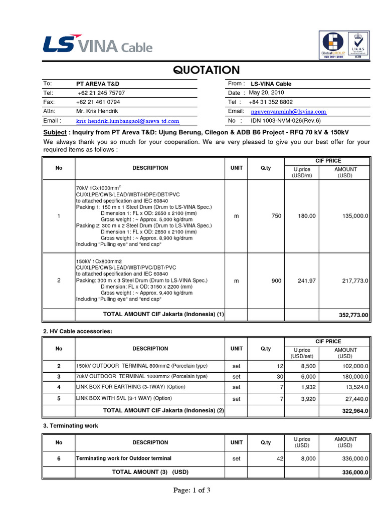 Quotation (Rev 6) For 70kV 150kV - Areva Ind | PDF | Electrical Substation | Power (Physics)