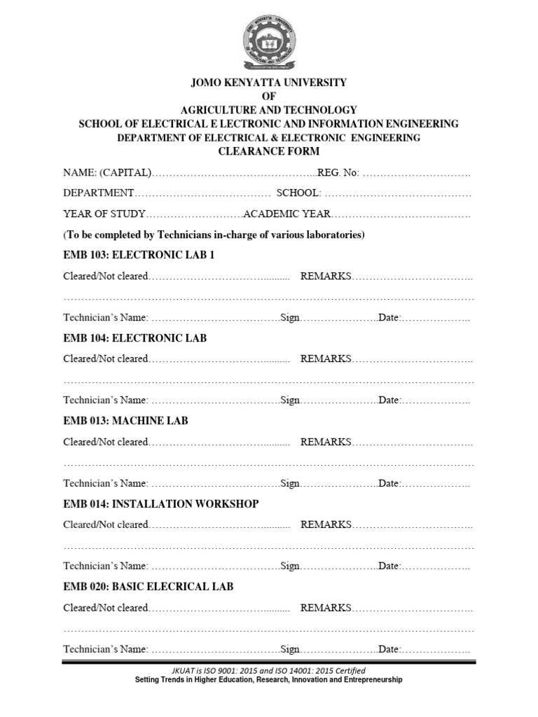 JKUAT Electrical Lab Clearance Form | PDF | Electrical Engineering | Engineering