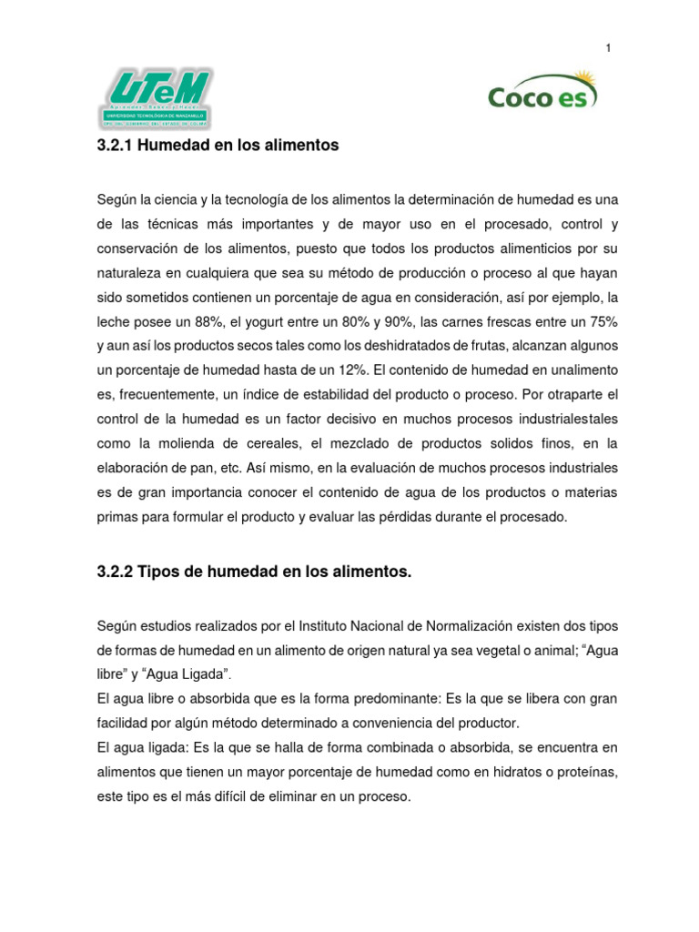 Humedad en Alimentos: Tipos y Métodos | PDF | Agua | Alimentos