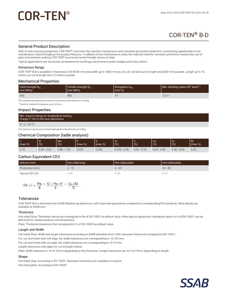 Data Sheet 2353 COR-TEN® B-D 2022-06-30 | PDF | Rolling (Metalworking ...