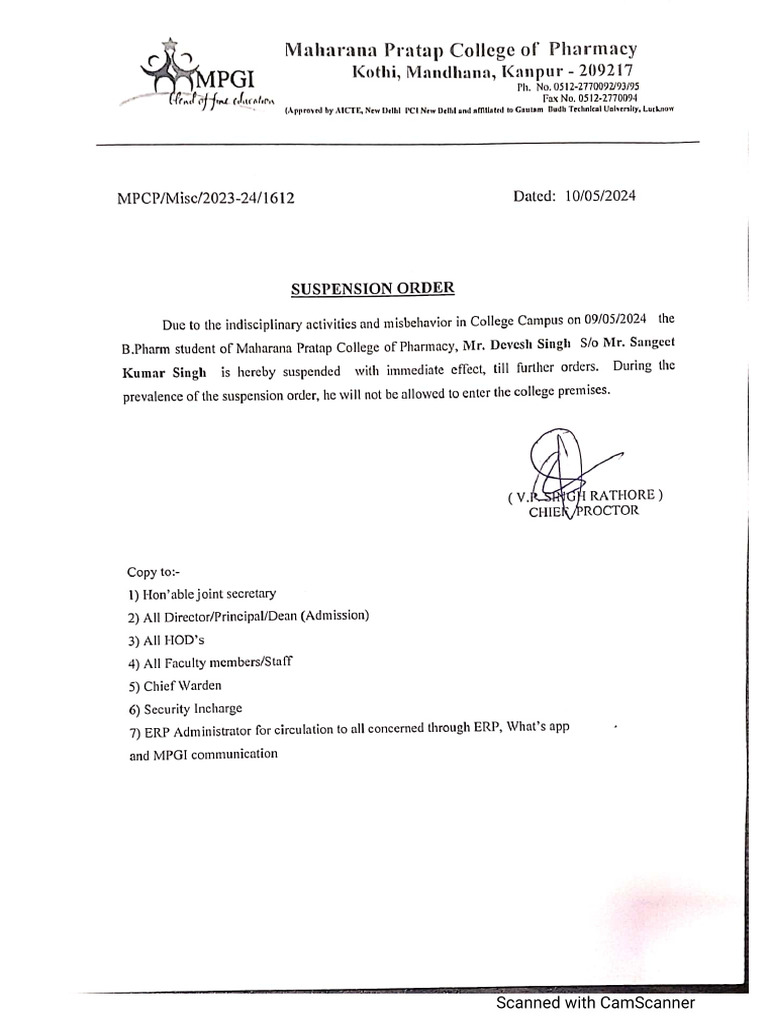 Suspension Order To MR Devesh Singh B Pharma 2nd | PDF