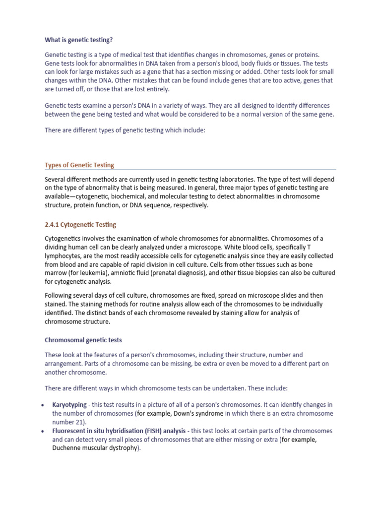 Types of Genetic Testing Explained | PDF | Cytogenetics | Genetic Testing