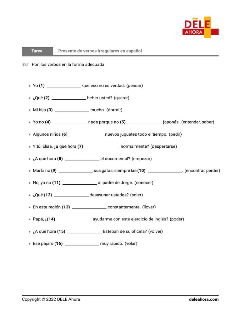 Ejercicio Verbos Irregulares Presente | PDF