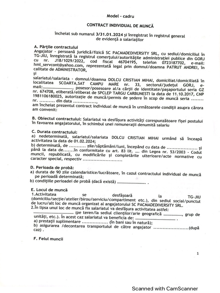 Contract de Munca - 20240201115907542 | PDF