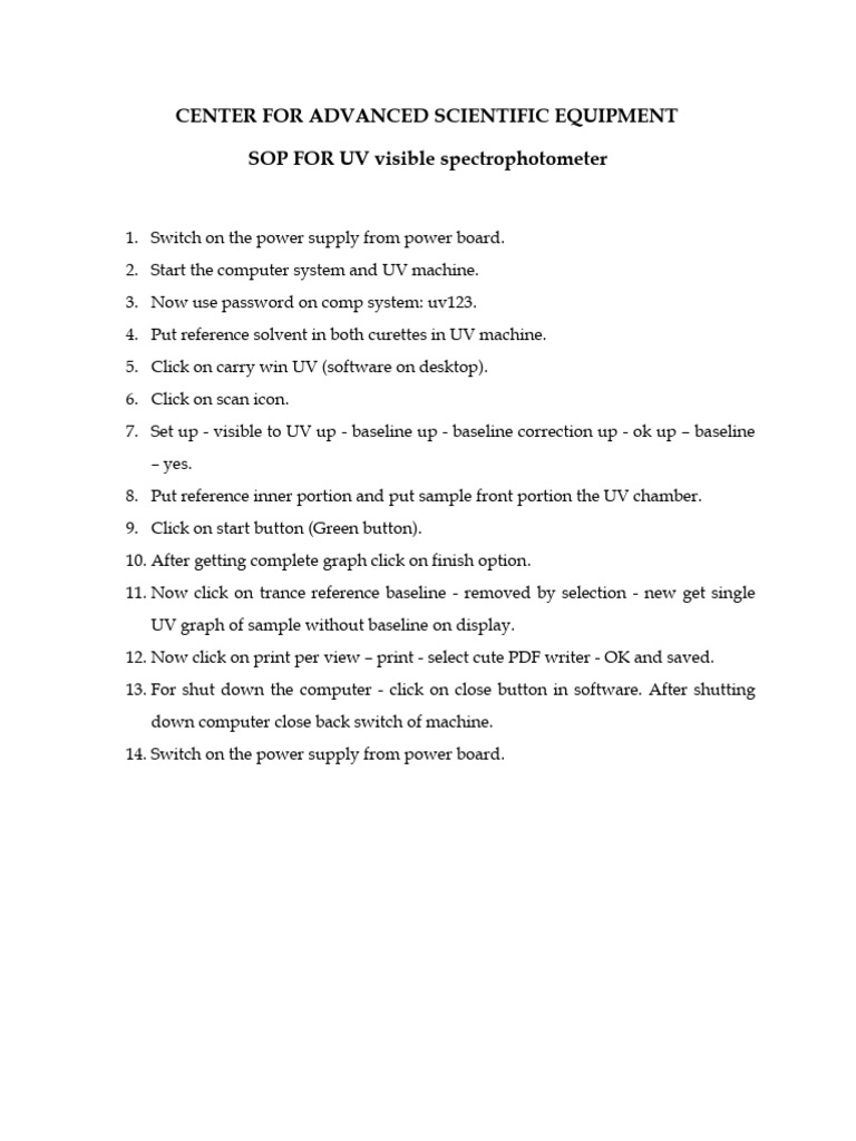 UV Spectrophotometer SOP Guide | PDF | Computers