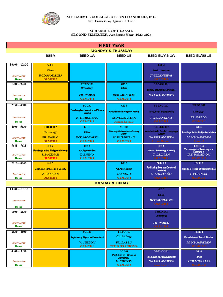 Schedule 2023 2024 2nd Sem Final | PDF | Teachers | Learning
