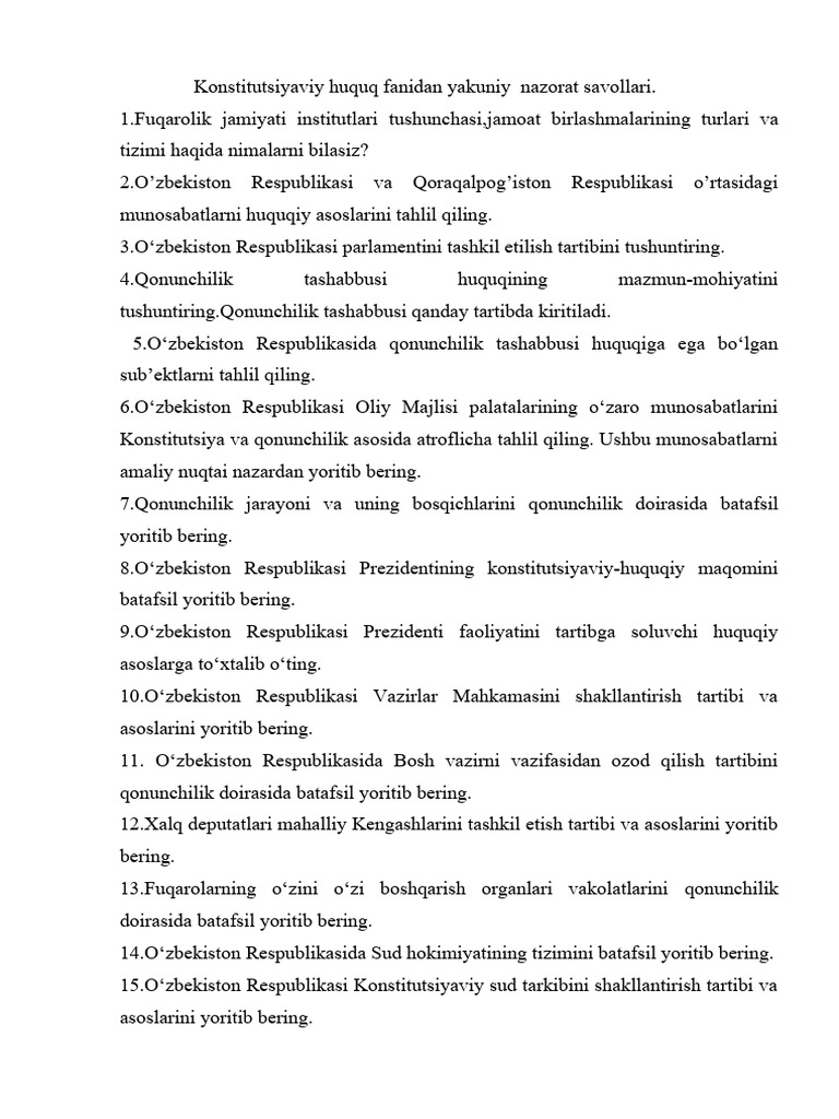 Konstitutsiyaviy Huquq Fanidan Yakuniy Nazorat Savollari2sem | PDF