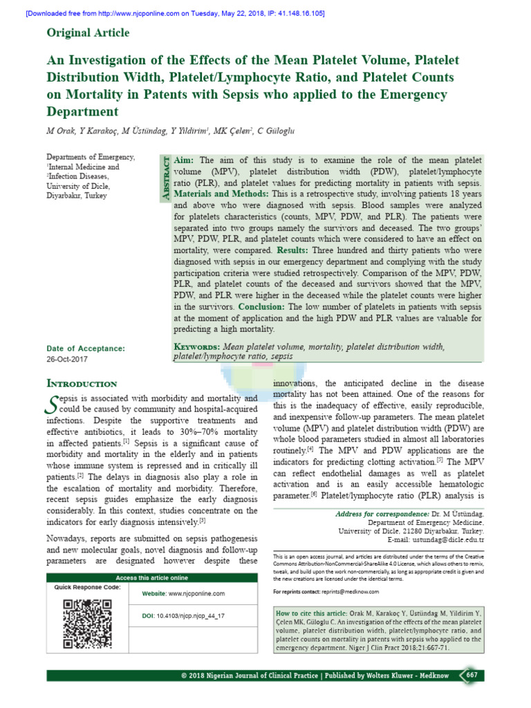 Predicting Sepsis Mortality: MPV, PDW, PLR | PDF | Sepsis | Platelet